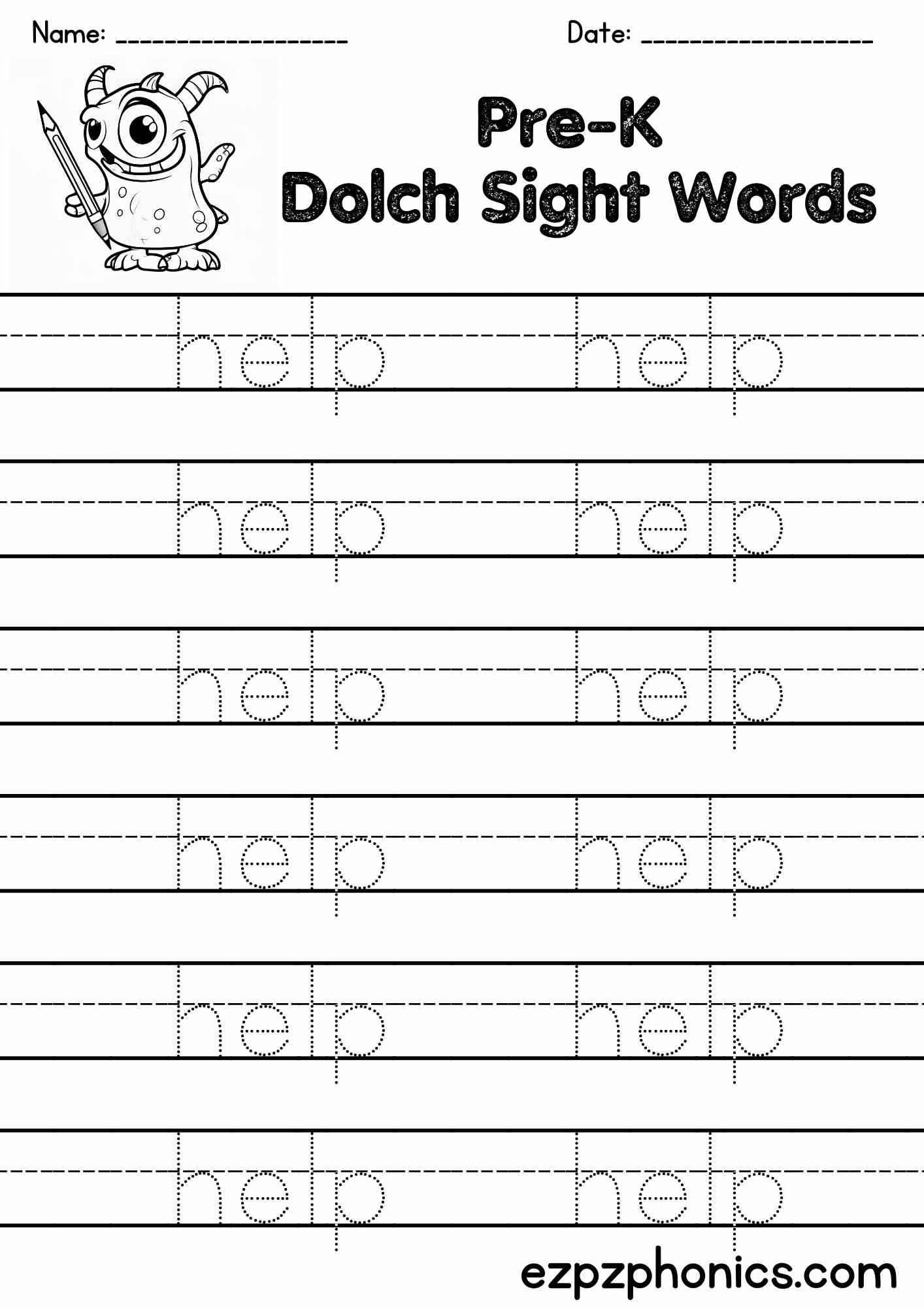 "help" Sight Word Tracing Worksheet Pre Kindergarten – Free PDF Download - ezpzphonics.com